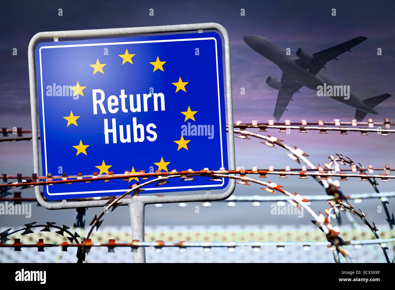 FOTOMONTAGE, EU-Schild mit Aufschrift Return Hubs und Stacheldraht, Symbolfoto ...