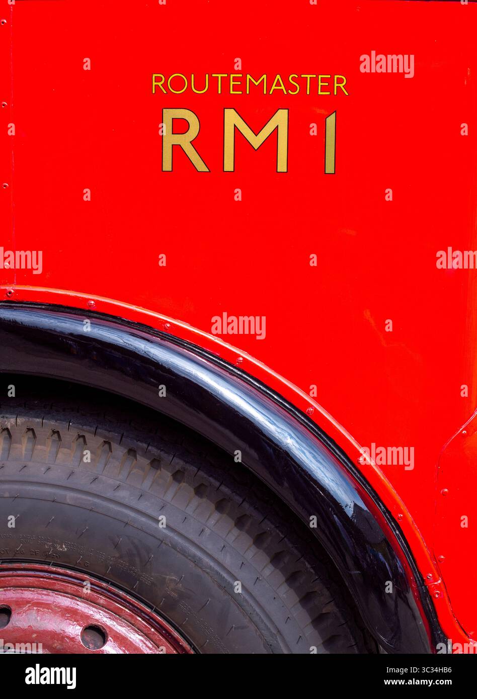 Detail of the first ever London Transport AEC Routemaster bus showing ...