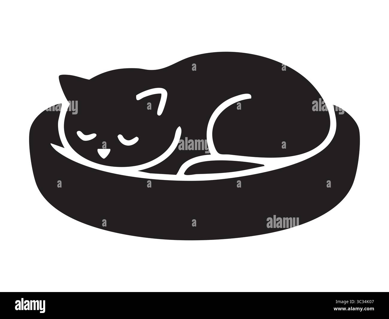 Black silhouette of a sleeping cat in a pet bed, isolated on white ...