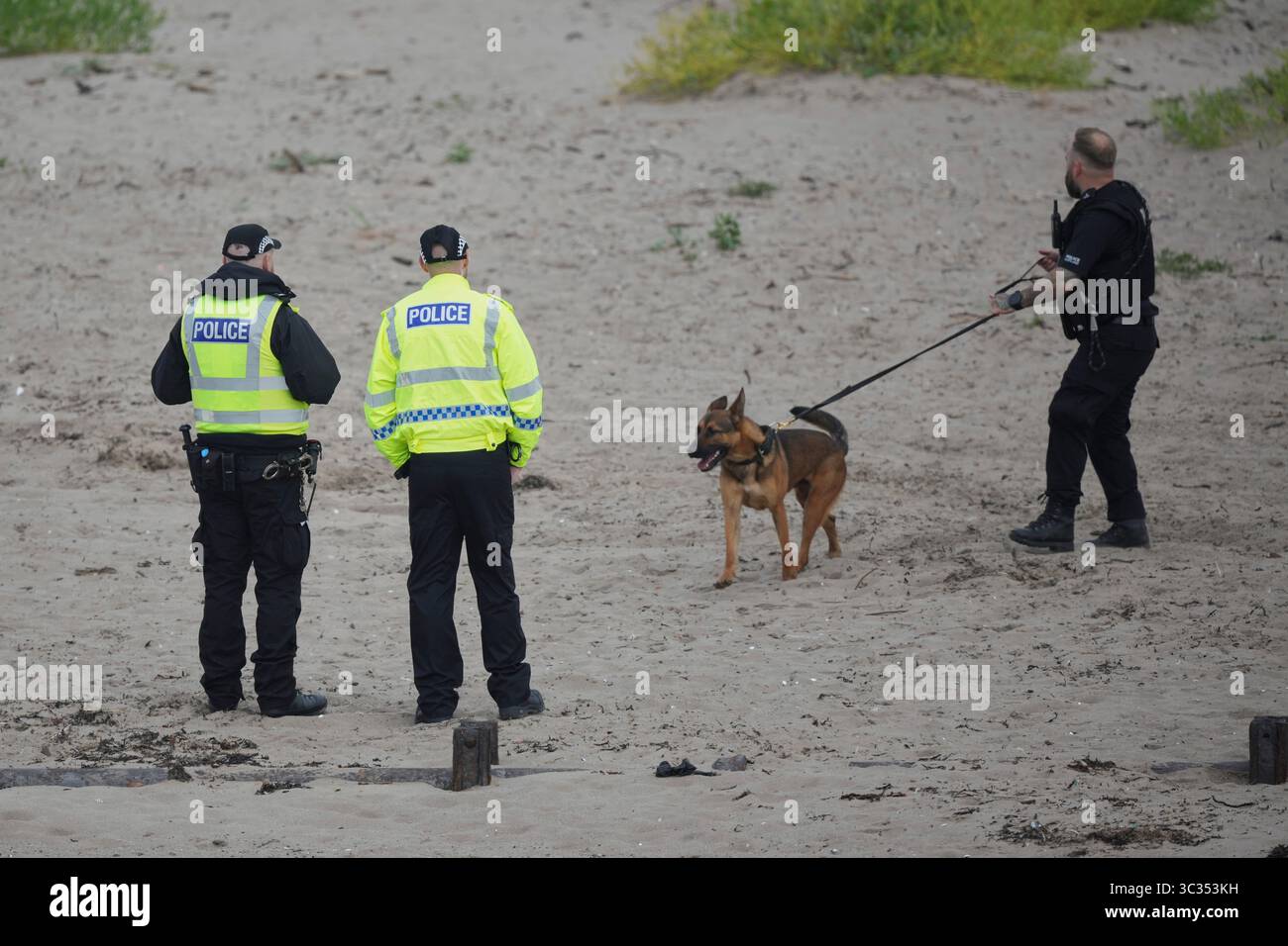 A police dog handler walks his dog on the beach to help with security ...
