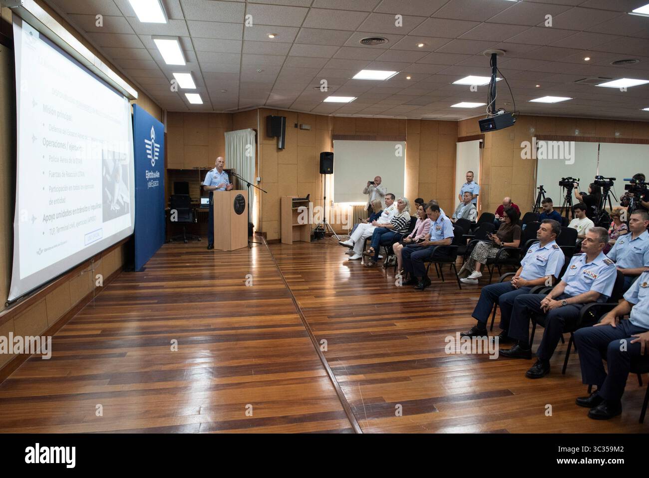 Colonel Diego Sánchez Caamaño speaks during the visit of the Minister ...