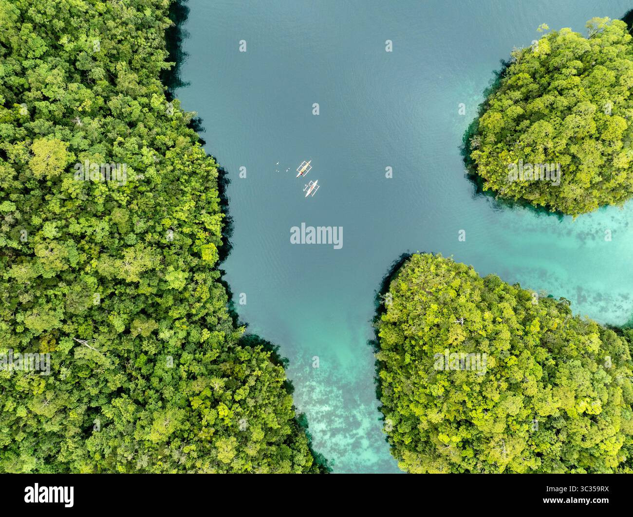 Aerial view of turquoise water weaving between islands blanketed in ...