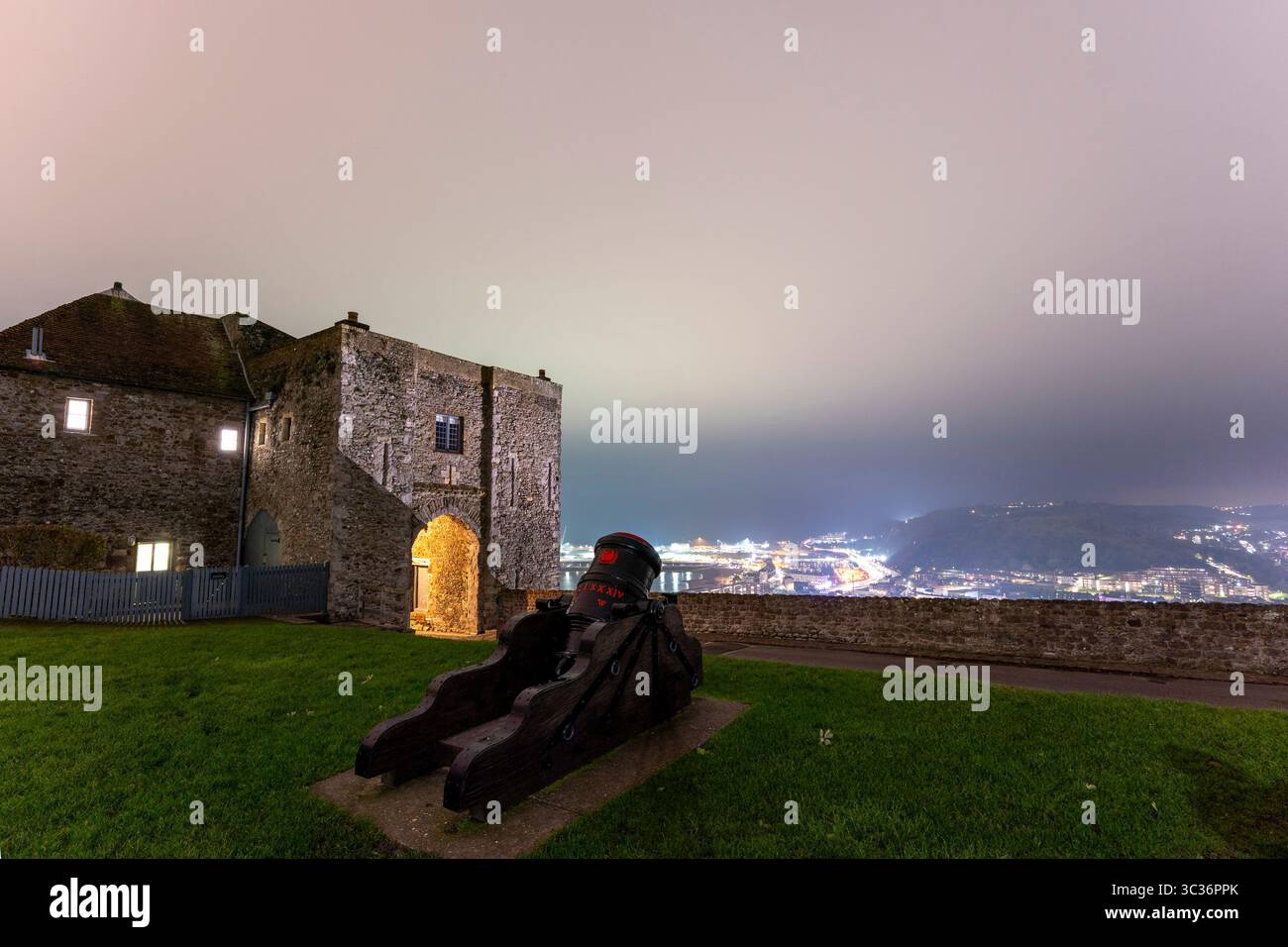 Dover castle at night. Medieval mortar with Peverell's 13th century ...