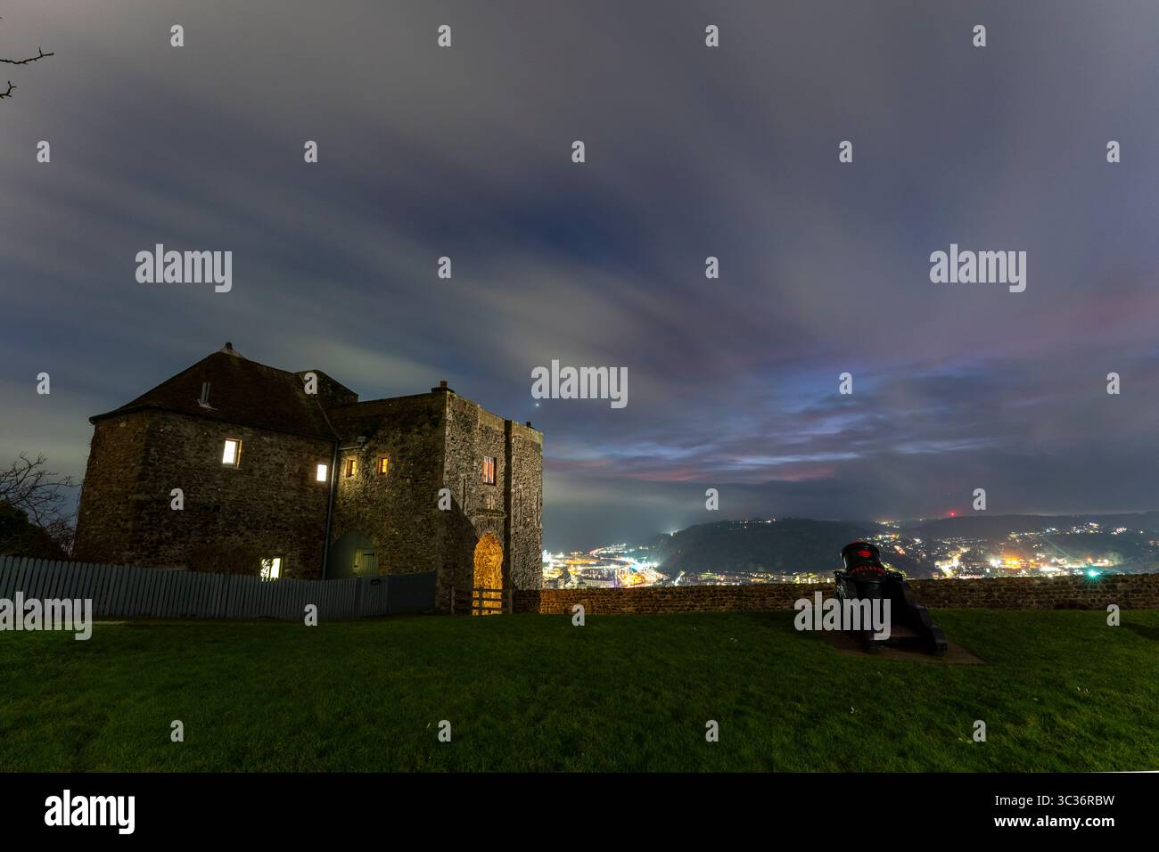 Dover castle at night. Medieval siege mortar with Peverell's 13th ...