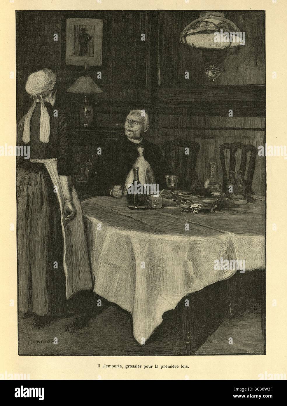 Man eating meal, angry with servant, waitress, French, Vintage ...
