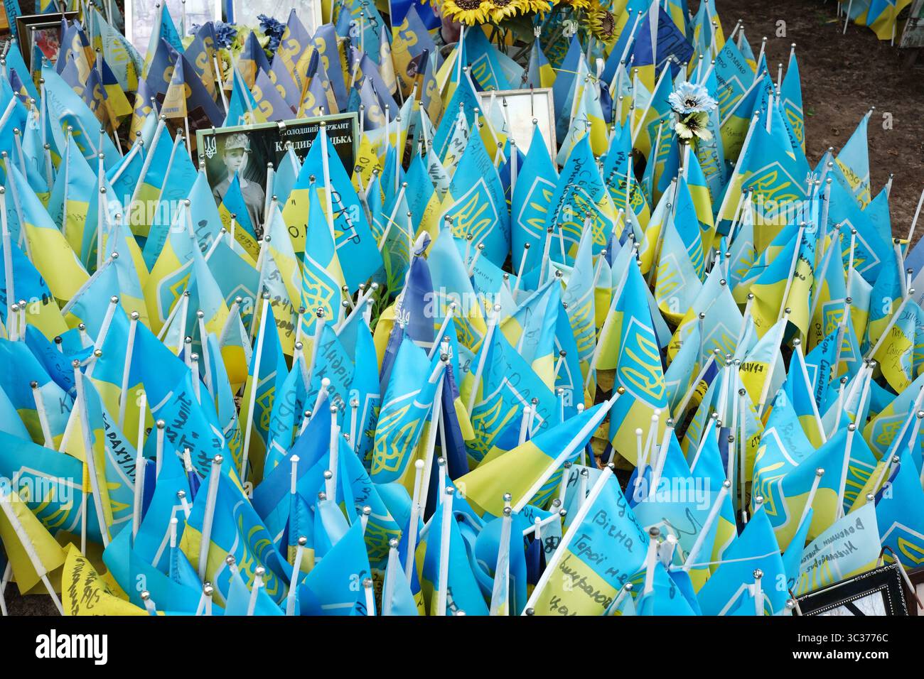 Colorful flags commemorate the brave Ukrainian soldiers at the memorial ...