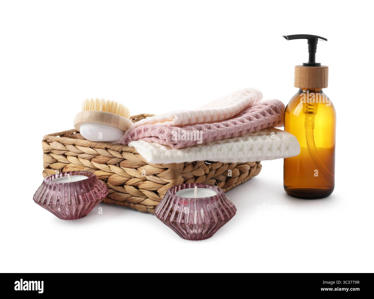 Spa composition with waffle towels and cosmetic product isolated on ...
