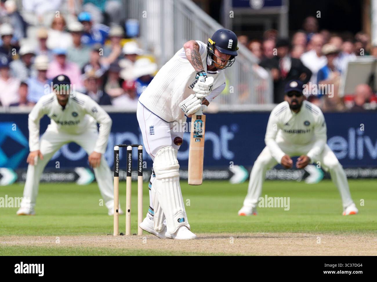 England's Ben Stokes takes a ball to the body during day three of the ...