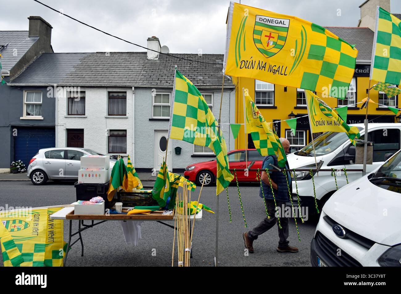Ardara, County Donegal, Ireland. 25th July 2025. Flags flying in ...