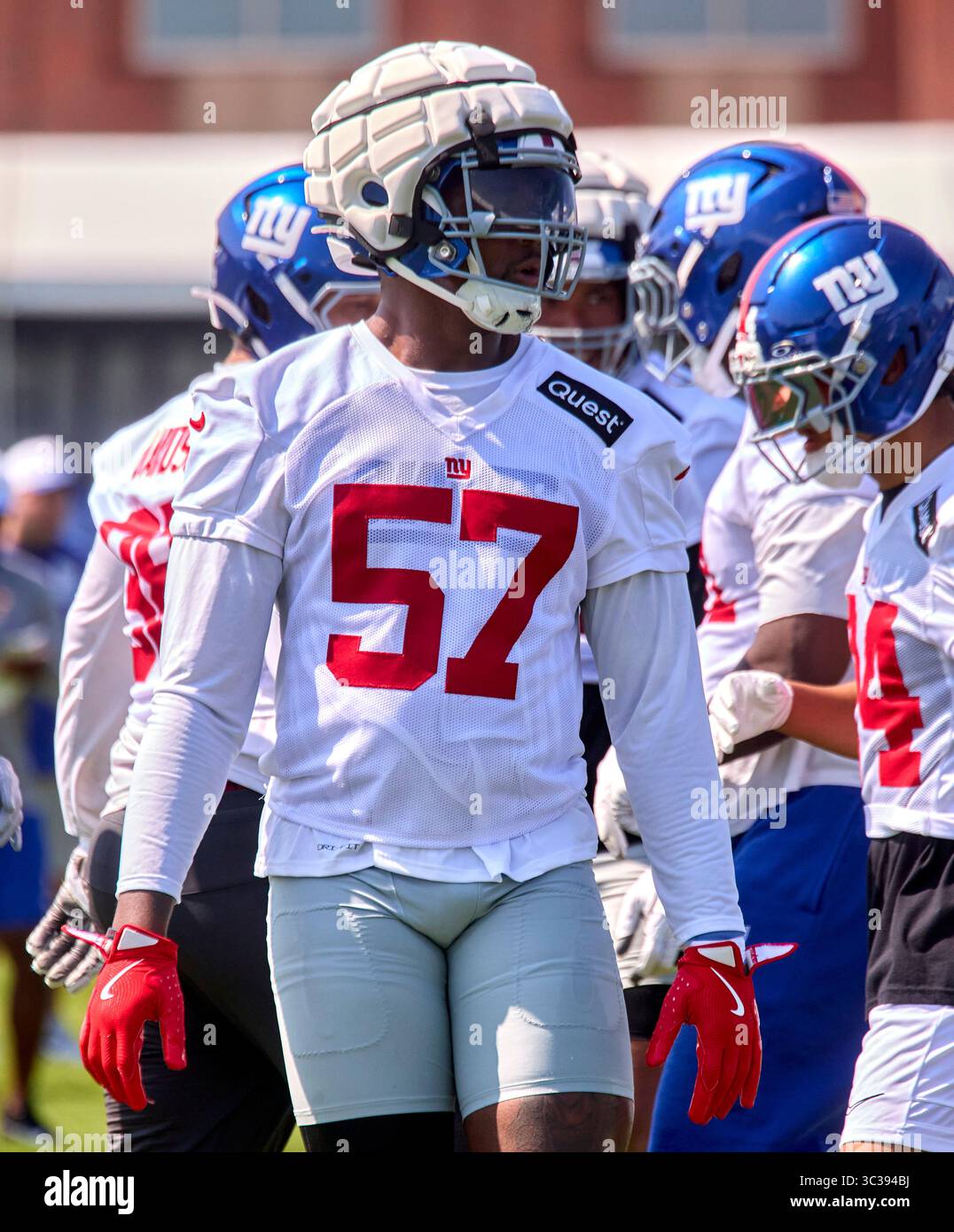 New York Giants defensive linemen Chauncey Golston (57) during training ...