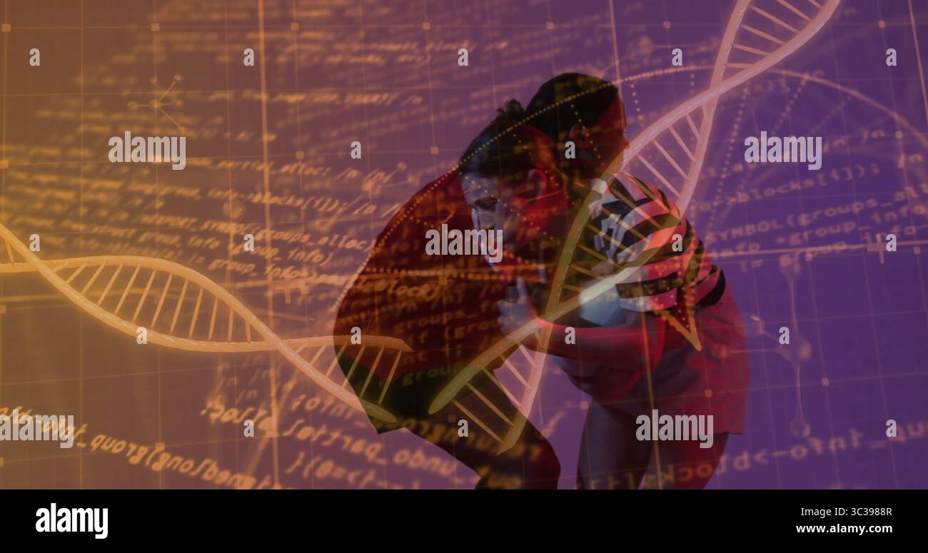 Hugging friends wearing striped shirt, dark clothing in lit studio, with DNA helix code overlay ...