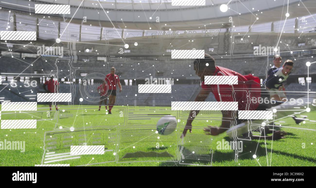Diving soccer player in red jersey reaching ball on green grass at ...