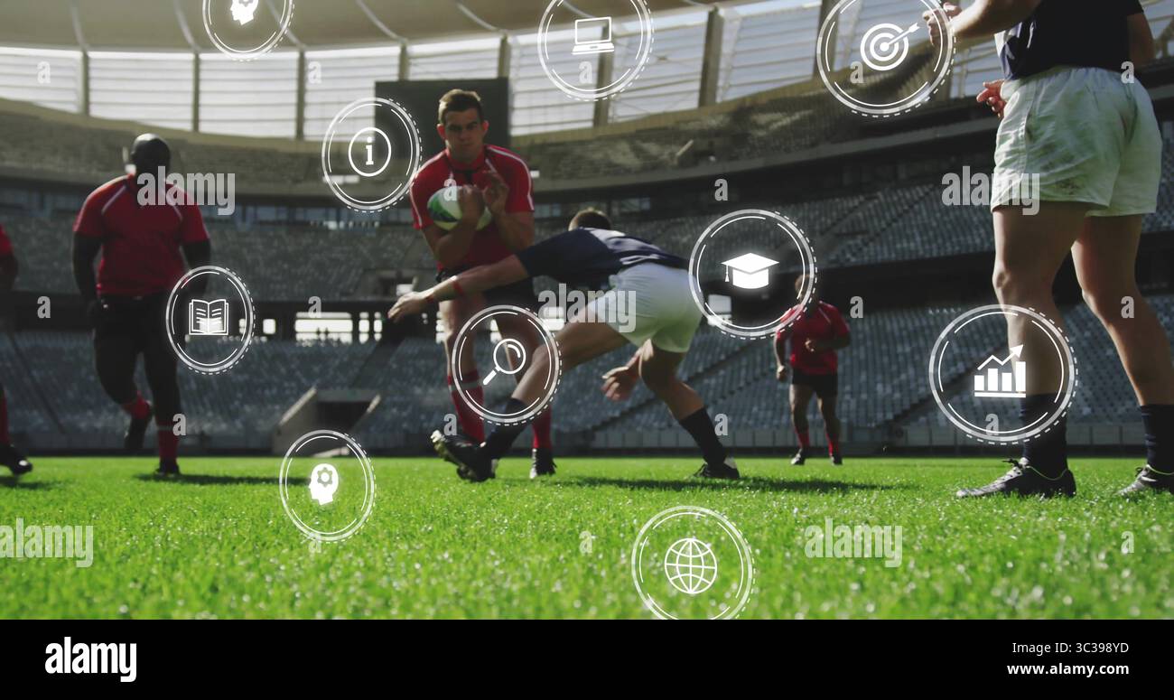 Leaning player holding rugby ball and dodging red defenders on stadium ...