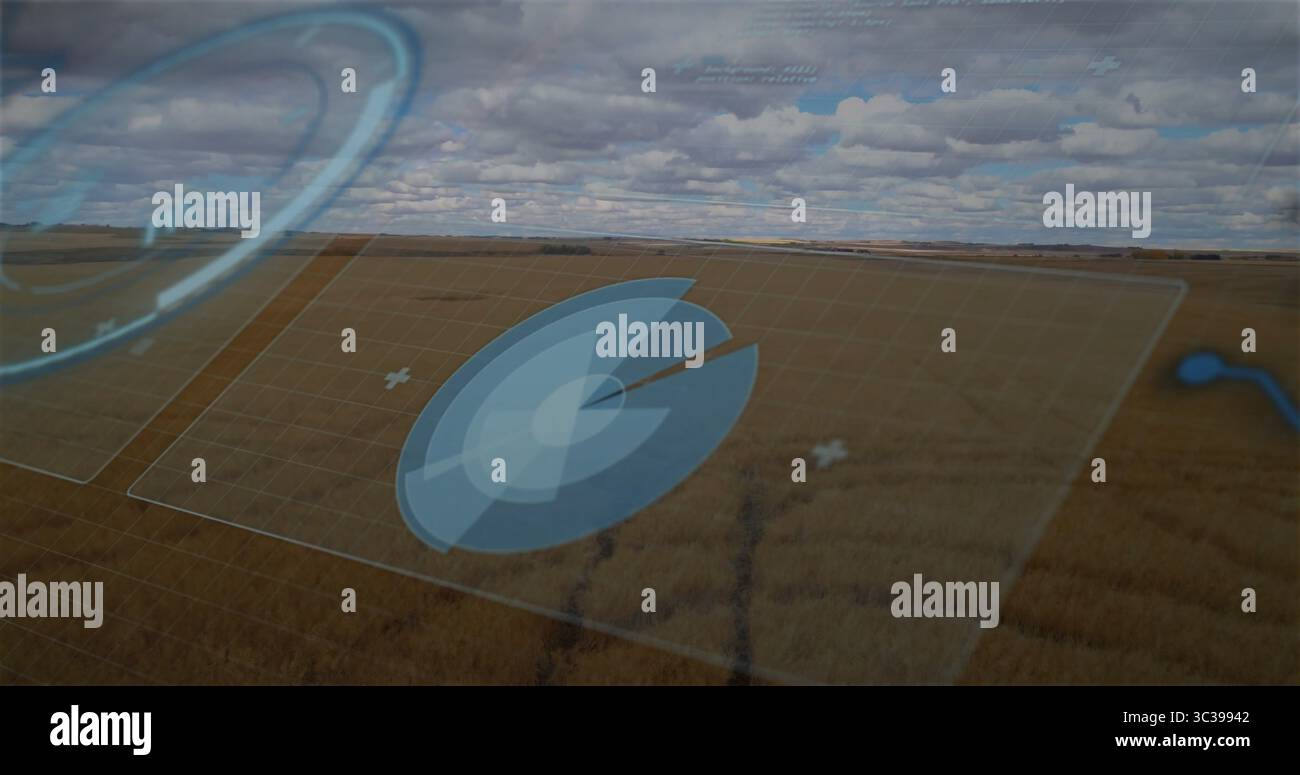 Displaying translucent circular radar panel over rural farmland, with ...