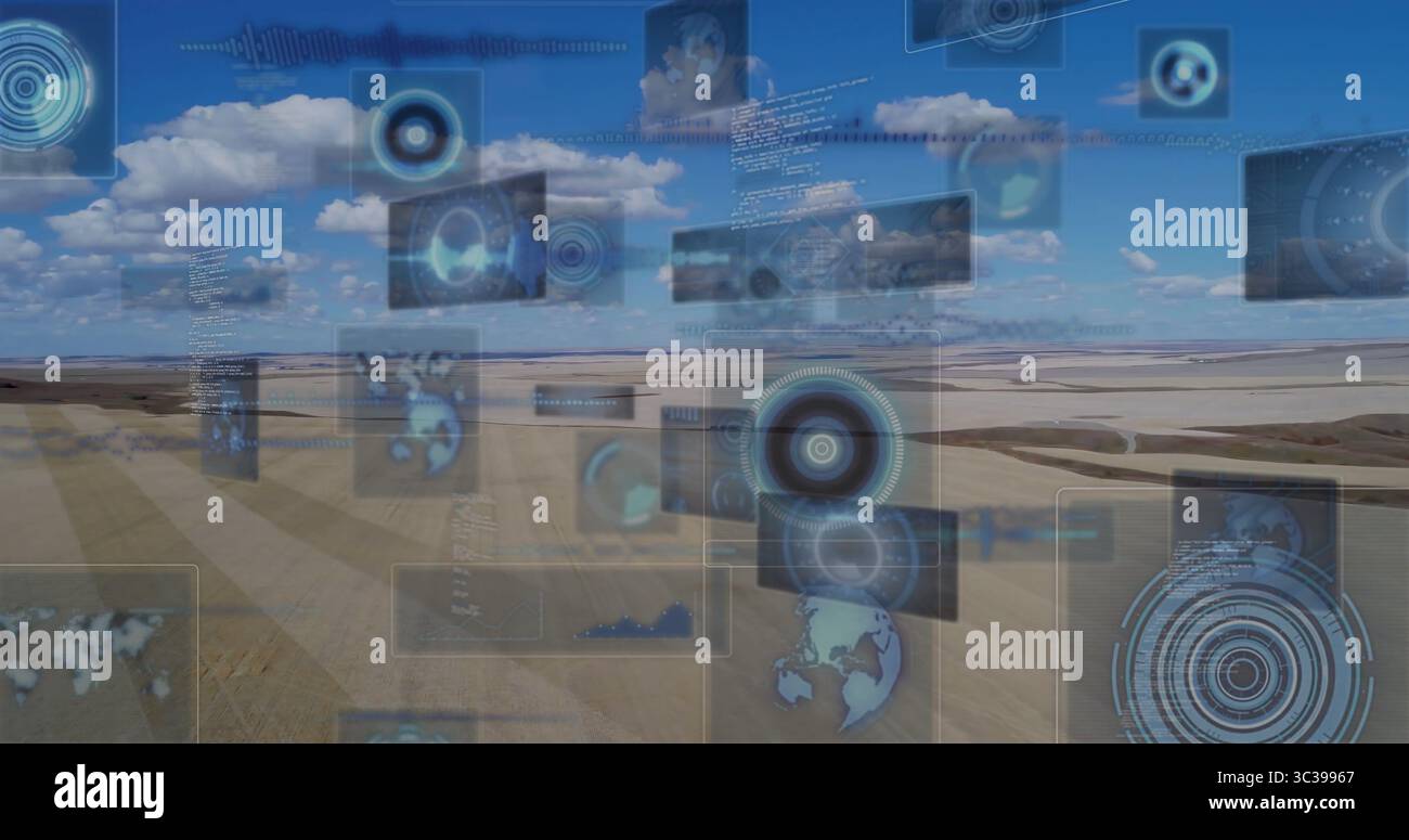 Displaying translucent HUD panels over plowed fields under blue sky with charts and map icons ...