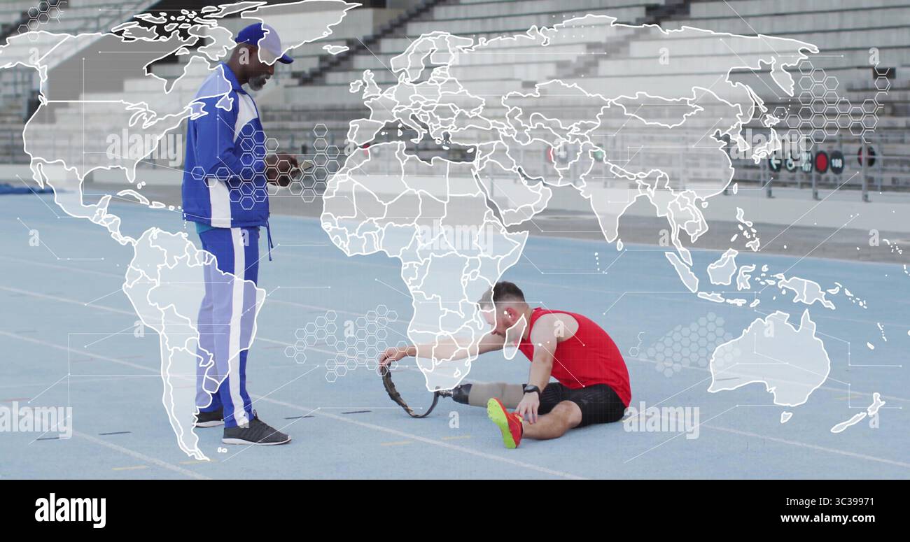 Stretching athlete using resistance band, coach checking stopwatch on ...