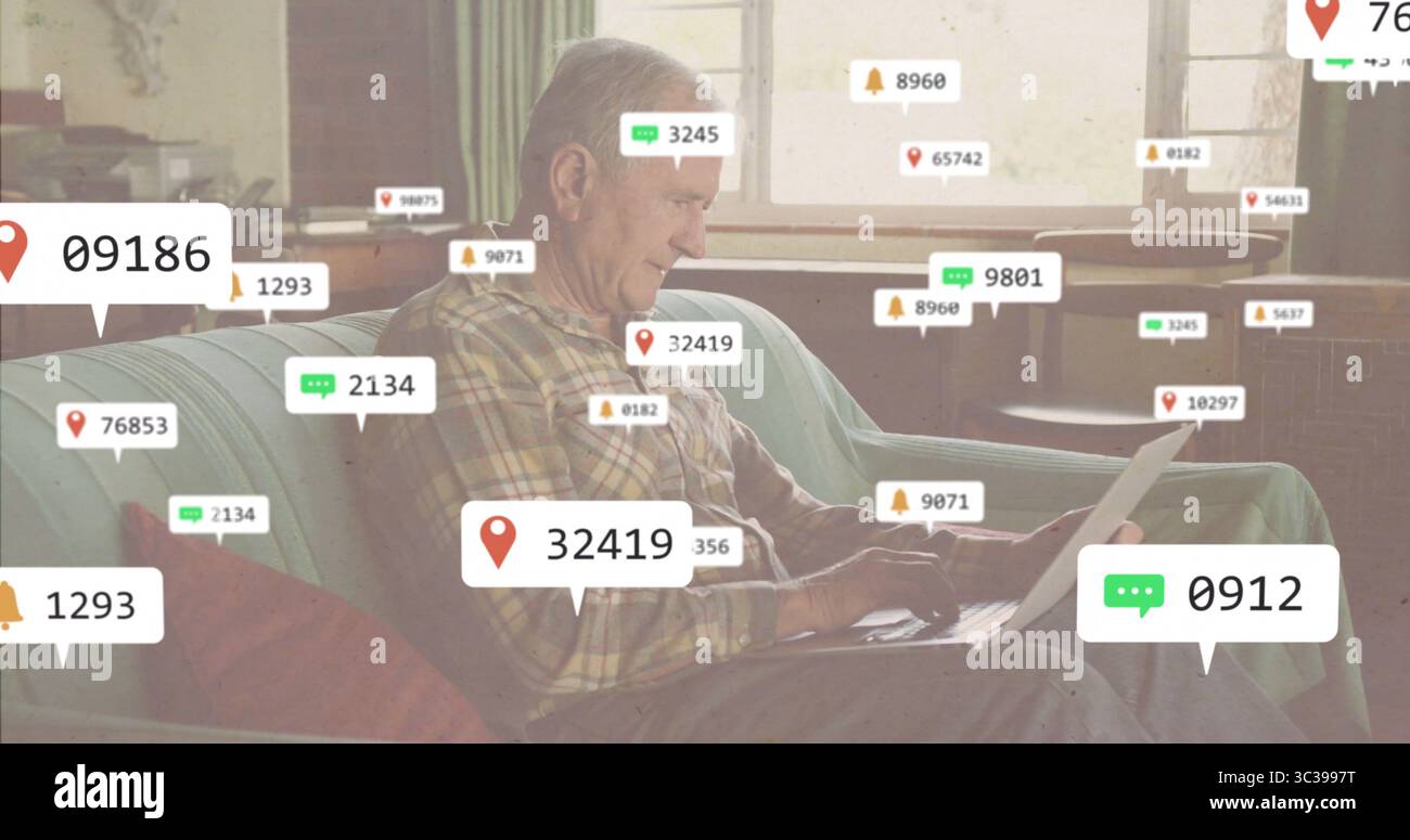 Typing senior man on laptop on sofa in living room, with floating ...