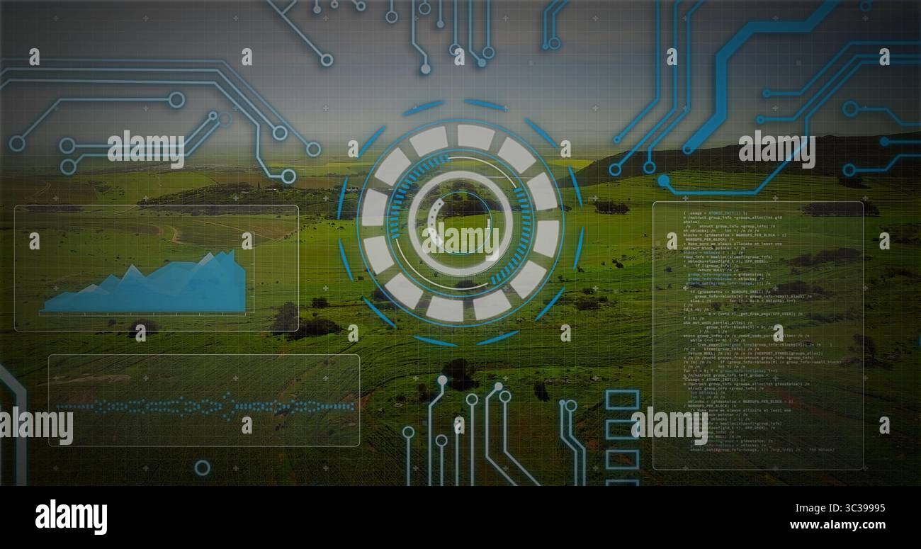 Displaying HUD interface on hillside pasture featuring circuit traces ...