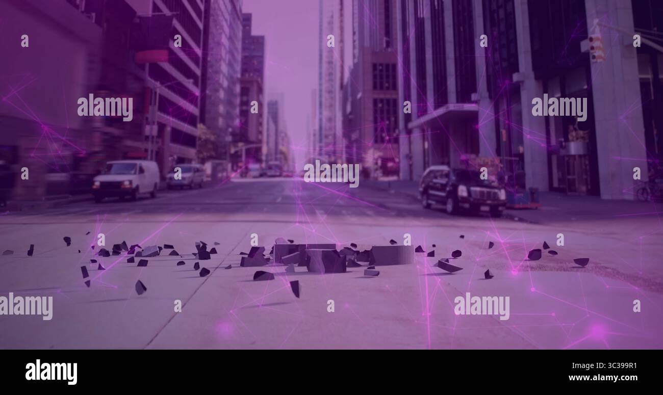 Showing broken street pavement hole under purple digital grid hovering ...