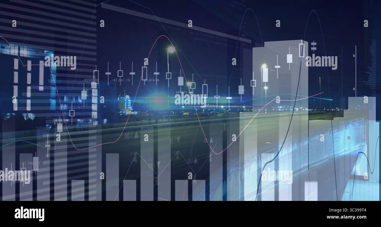 Overlaying financial charts floating across airport runway at night ...