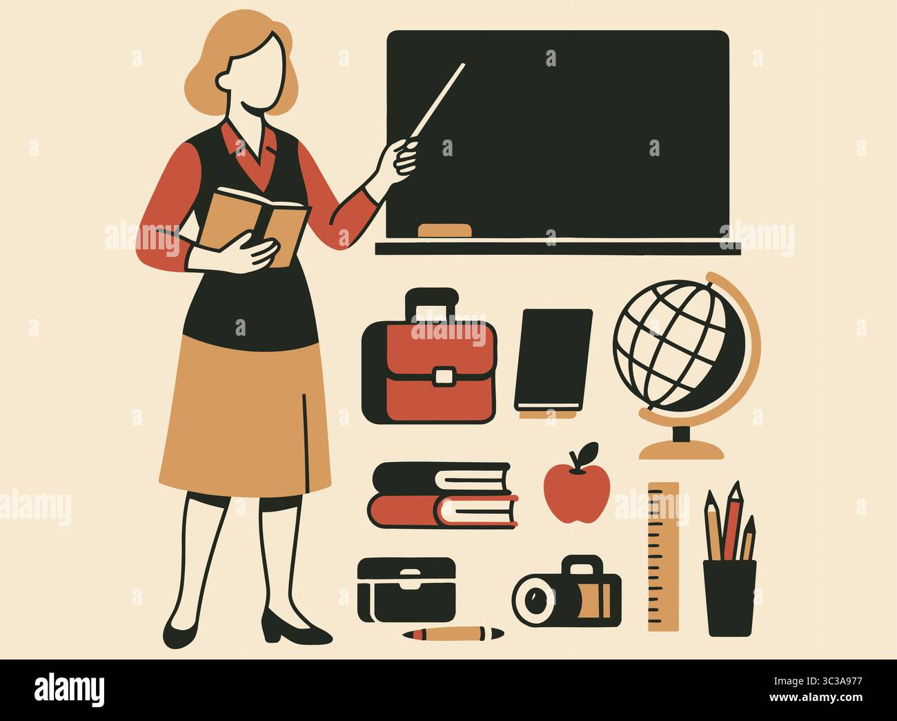 Retro Teacher Illustration Set Classroom Chalkboard, Books, and School ...
