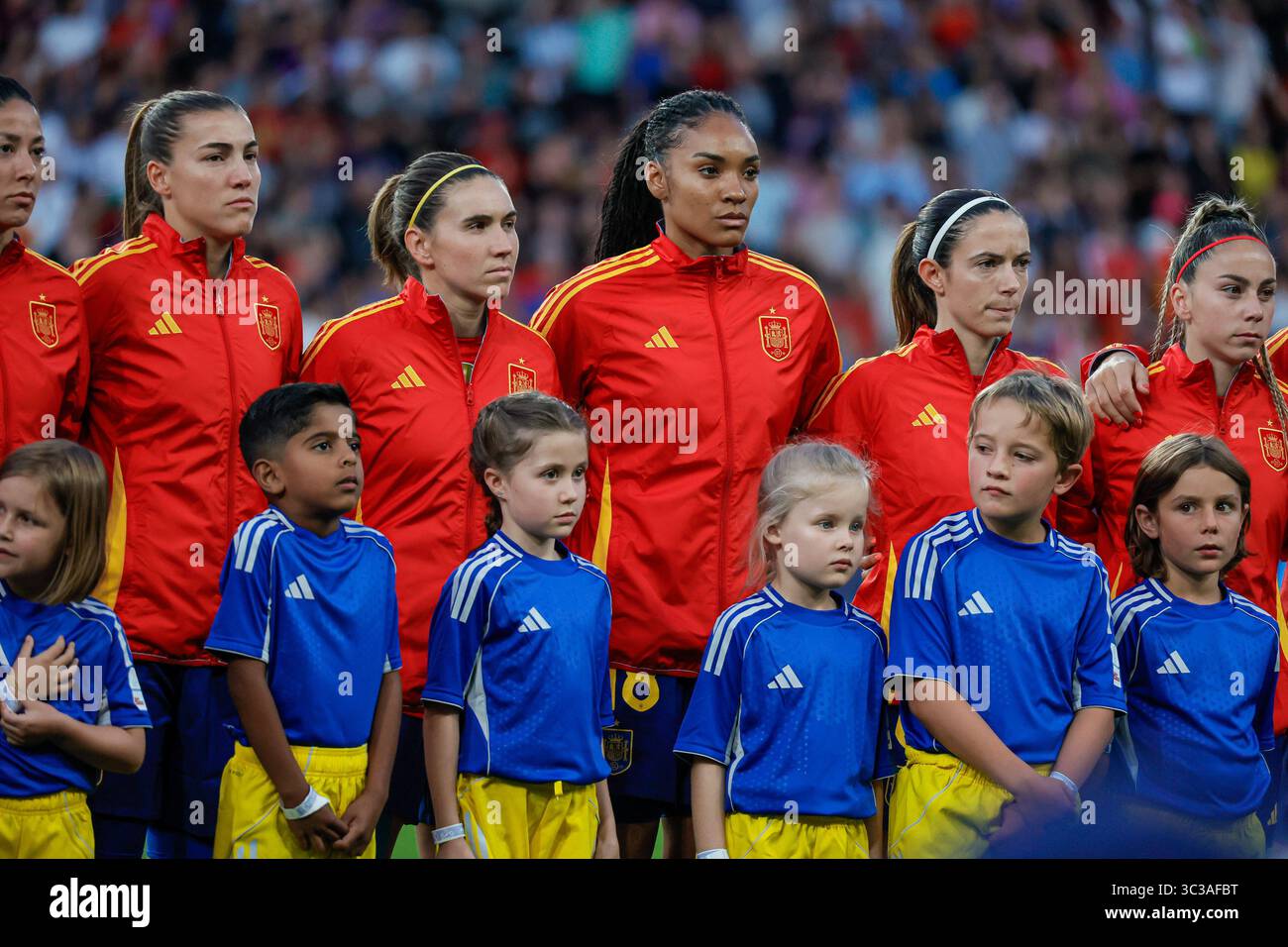 The Spain team during the national anthem during the UEFA Womens EURO 2025 Group B match between ...
