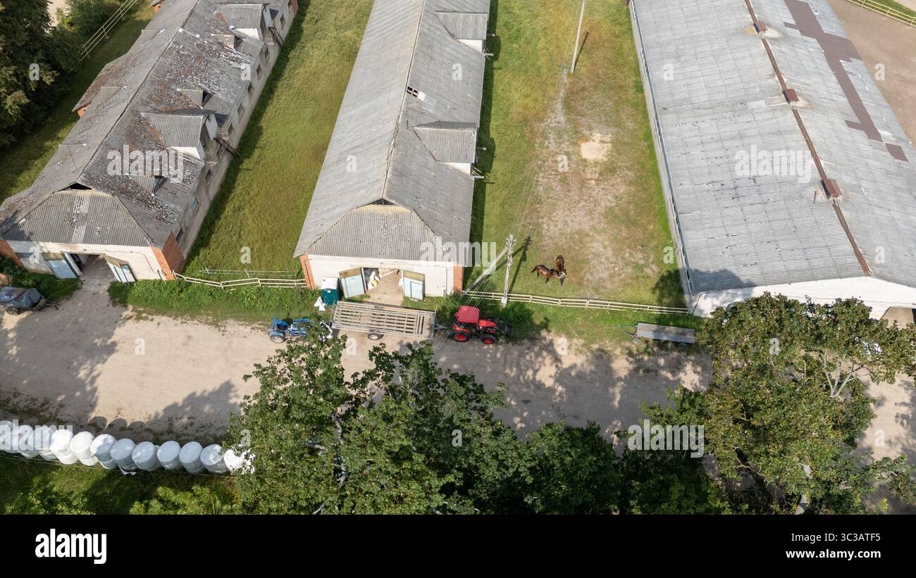 Aerial view of a rural farm with barns, a tractor, and a horse in a ...