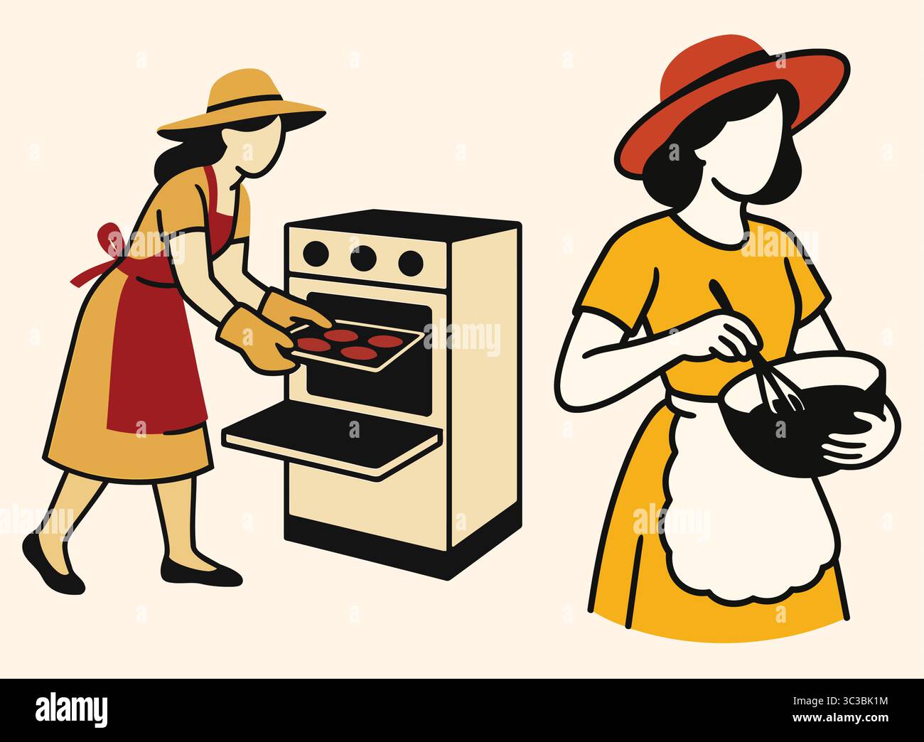 Retro Baking Woman Illustration Cooking at Home in Apron and Hat Stock ...
