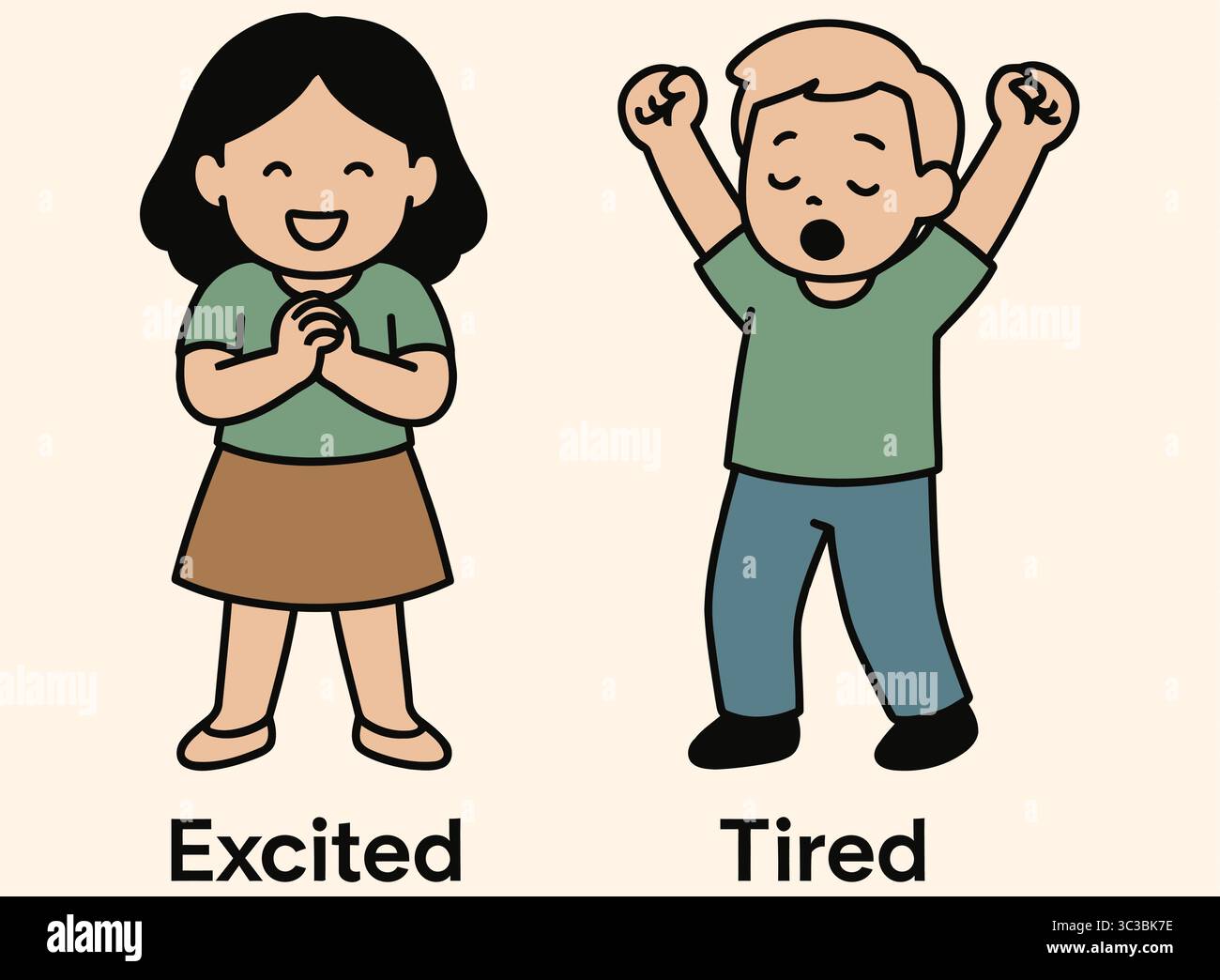 Cute Kids Showing Emotions Excited and Tired Expression Clipart Stock ...