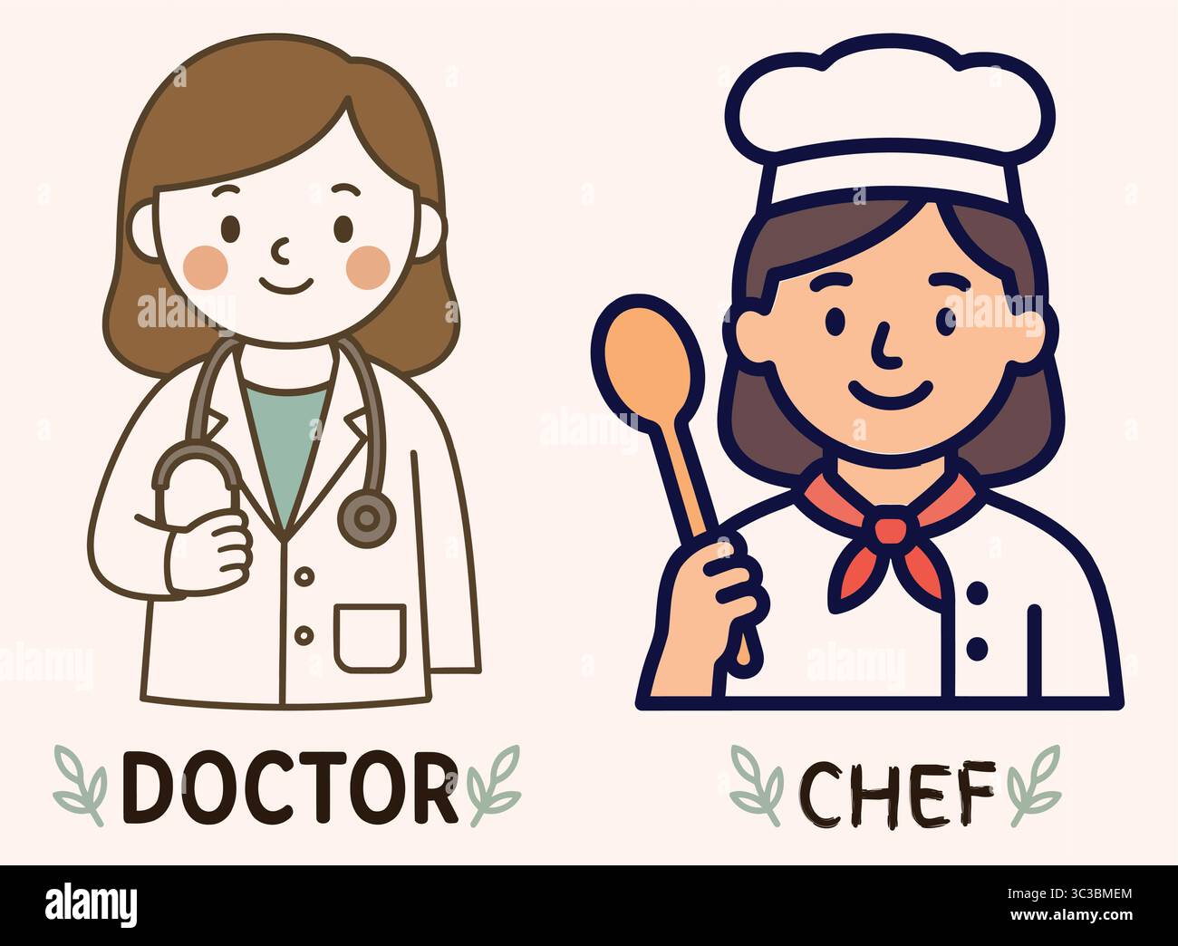 Cute Doctor and Chef Profession Illustrations for Kids Flat Cartoon ...