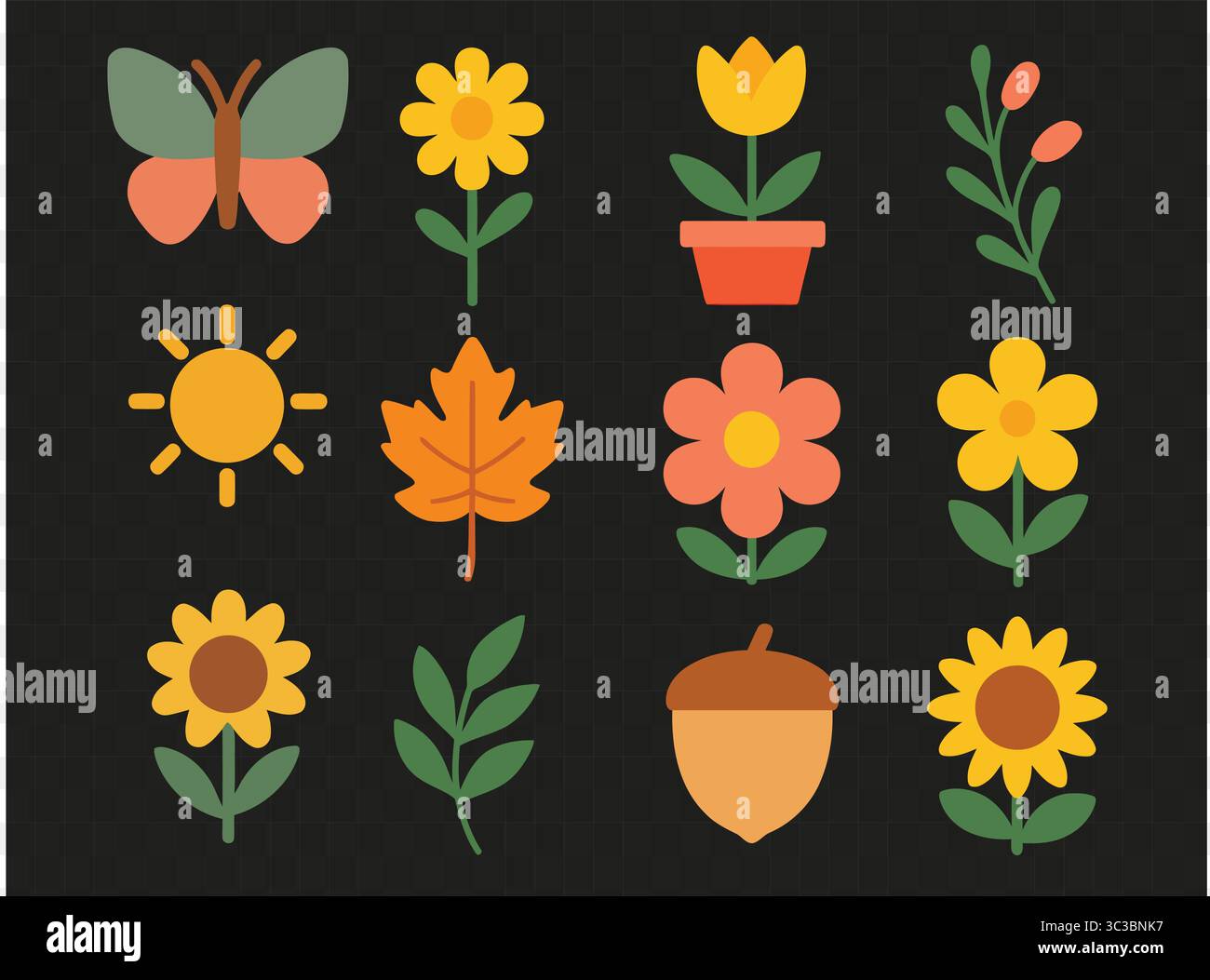 Folk Autumn Icons Minimal Fall Flowers, Leaves, Acorn, Butterfly & Sun ...