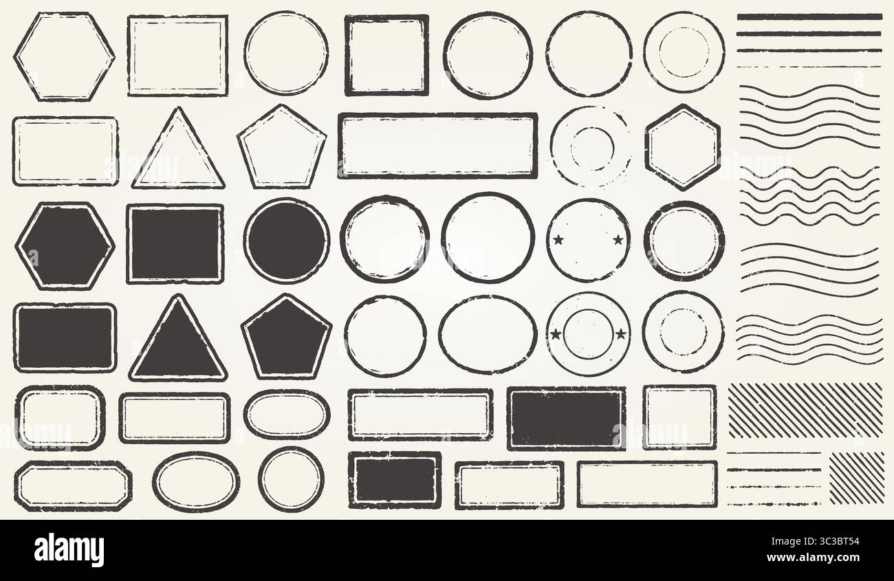 Retro Grunge postage Stamps frames vector shape set. Black postal round ...
