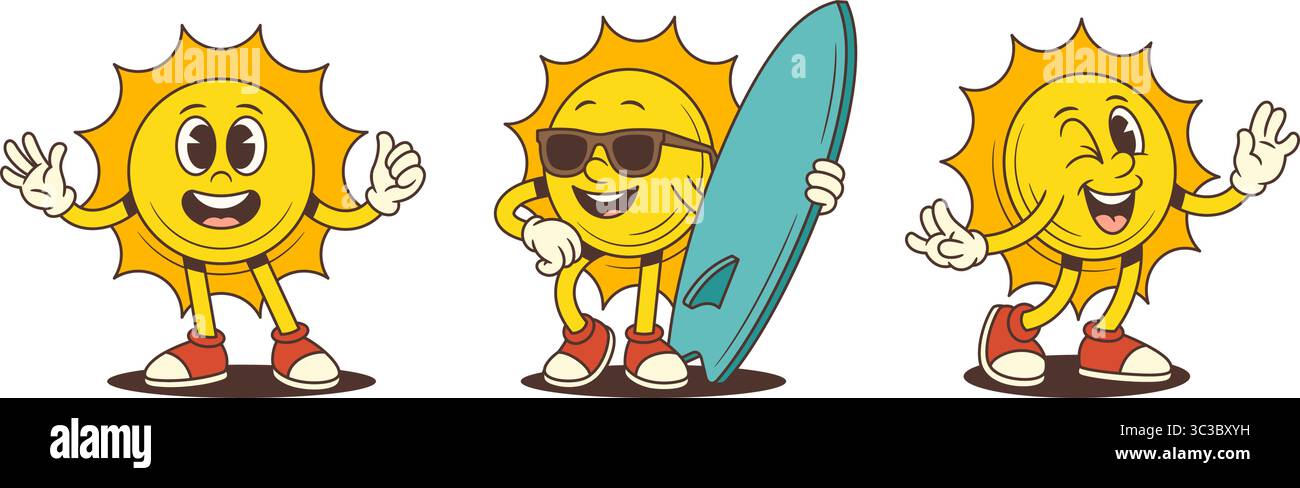 Cartoon sun mascot in dynamic poses like waving, winking, and holding a ...