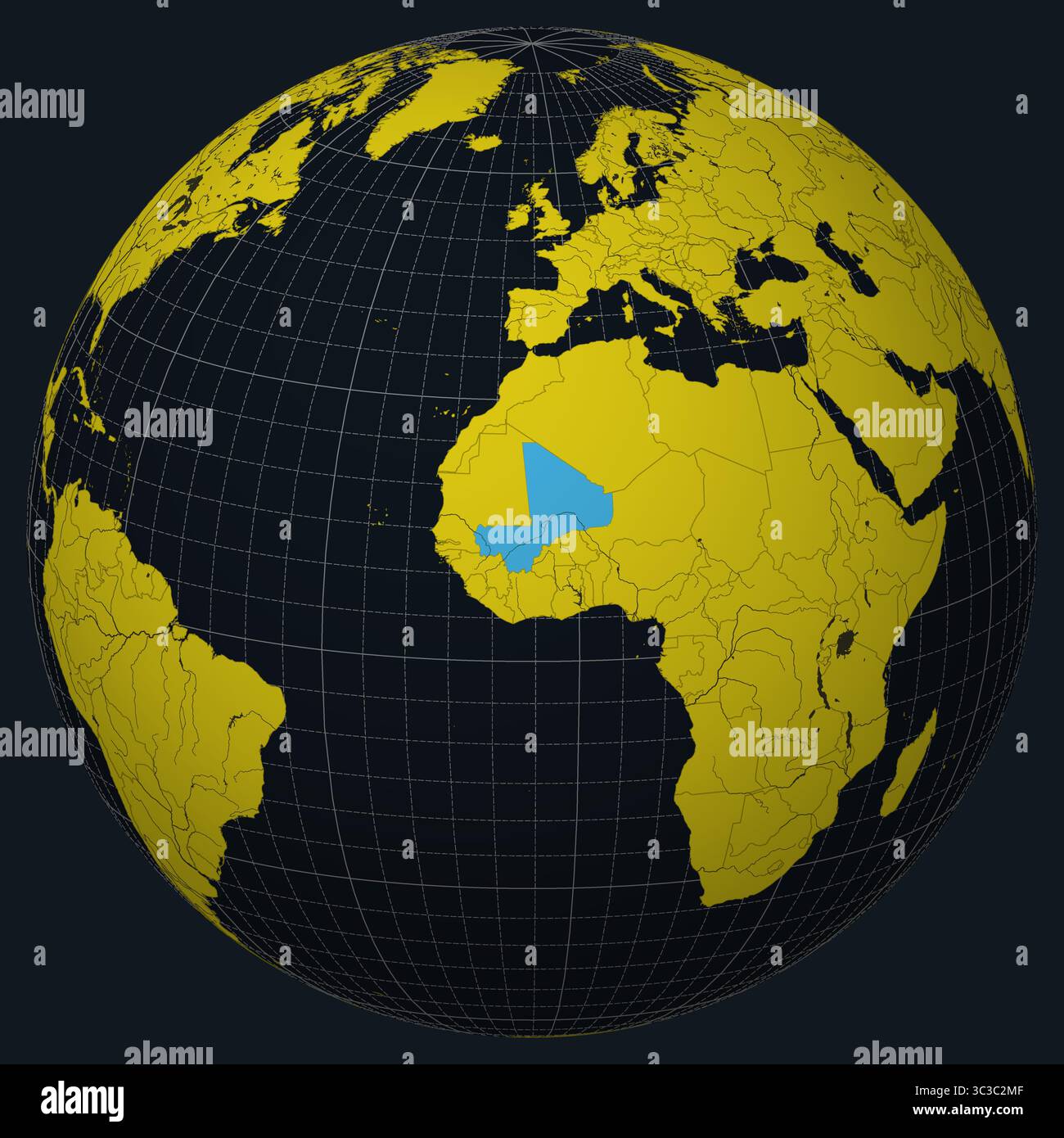 Mali on Globe. Country view on the world map in Charcoal Bright Yellow ...