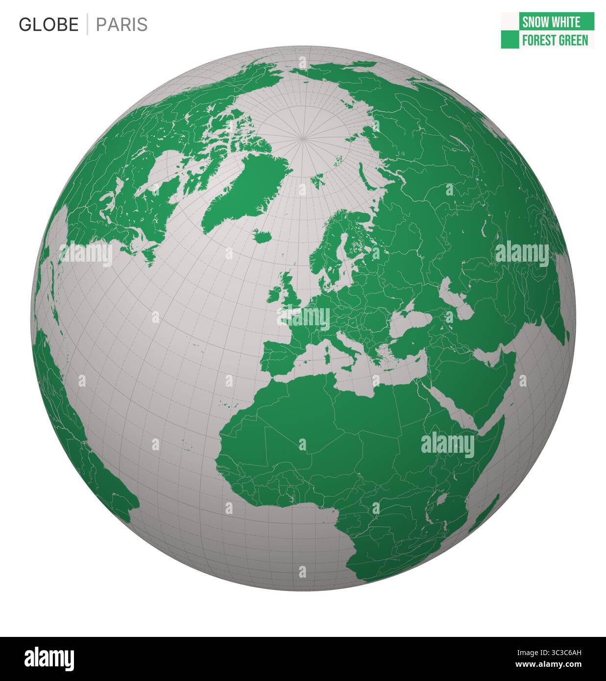 Vector Globe centered to Paris. Snow White Forest Green palette. World ...