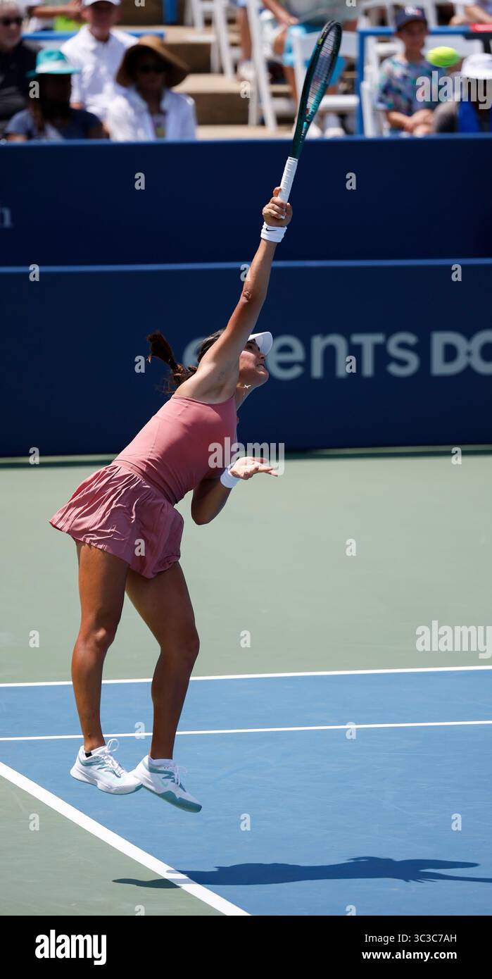 July 25, 2025: Emma Raducanu serves to Maria Sakkari during the 2025 ...