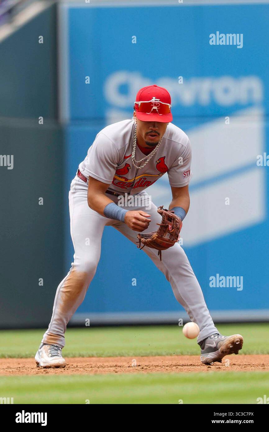 St. Louis Cardinals shortstop Masyn Winn (0) fields a ground ball in an ...