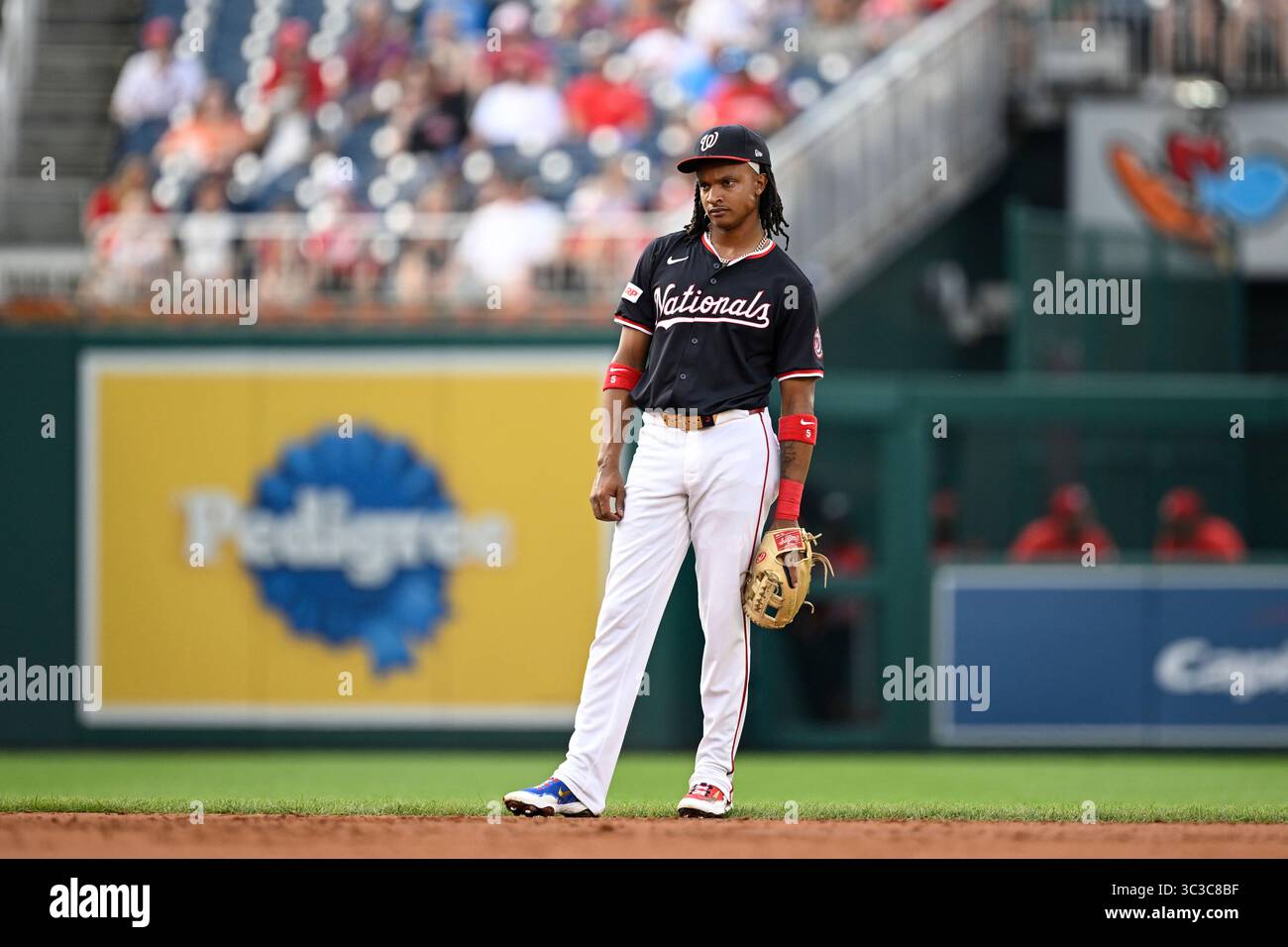 Washington Nationals shortstop CJ Abrams looks on during the second ...