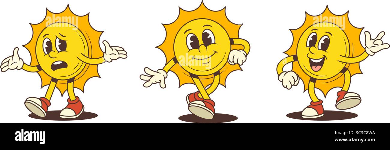 Sun mascot in expressive poses including surprised talking gesture ...