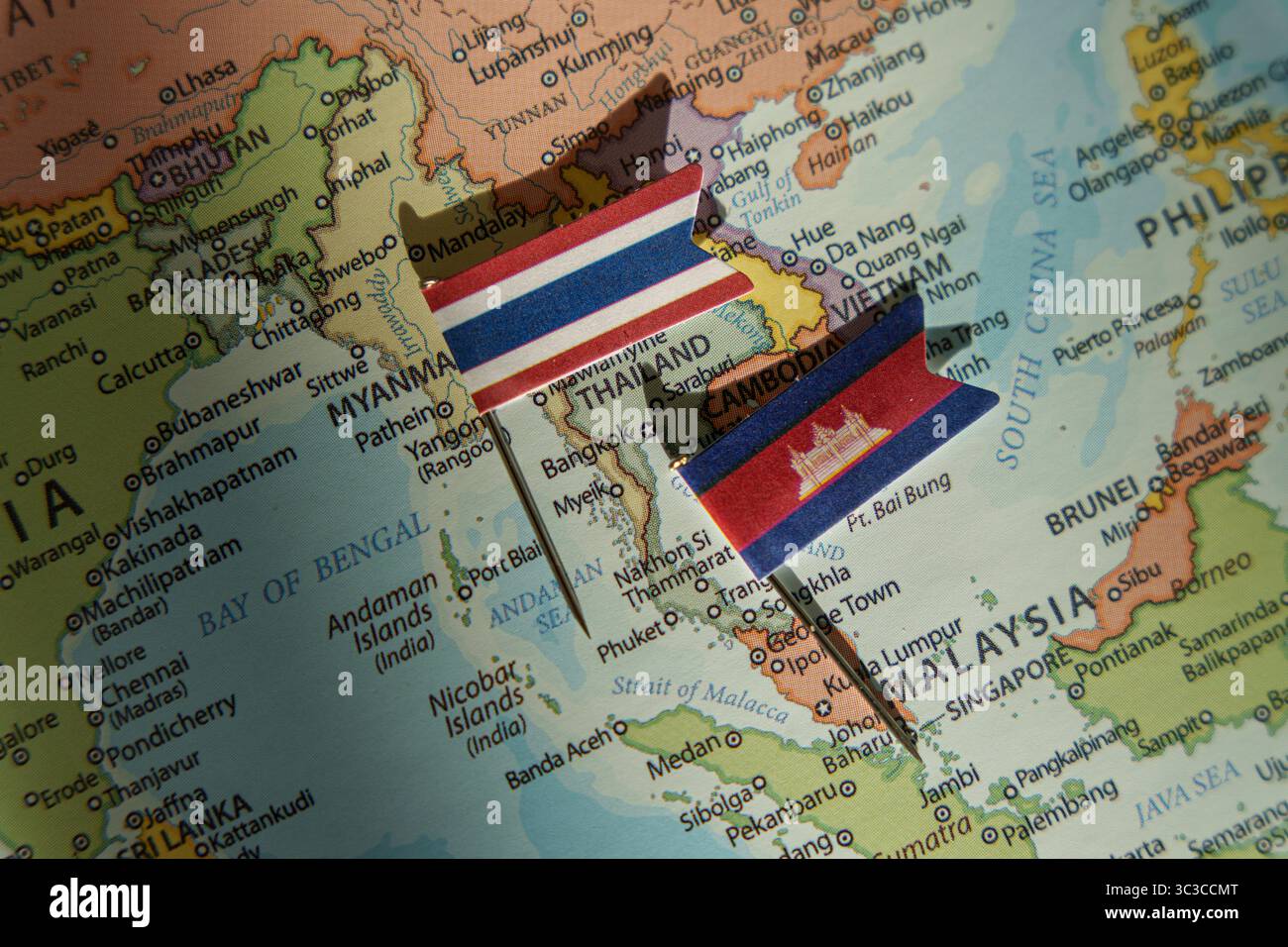 Pins of Thailand and Cambodian flags on a regional map symbolizing ...