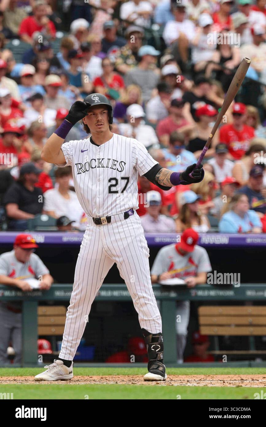 Colorado Rockies outfielder Jordan Beck (27) waits for the pitch in an ...