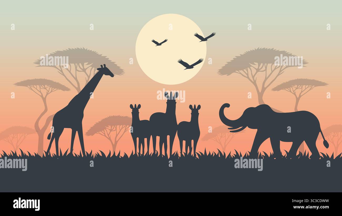 Animals Silhouettes in African Savannah at Sunset Vector Illustration ...