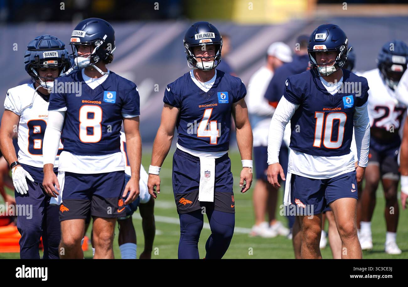 From left, Denver Broncos quarterbacks Jarrett Stidham, Sam Ehlinger ...