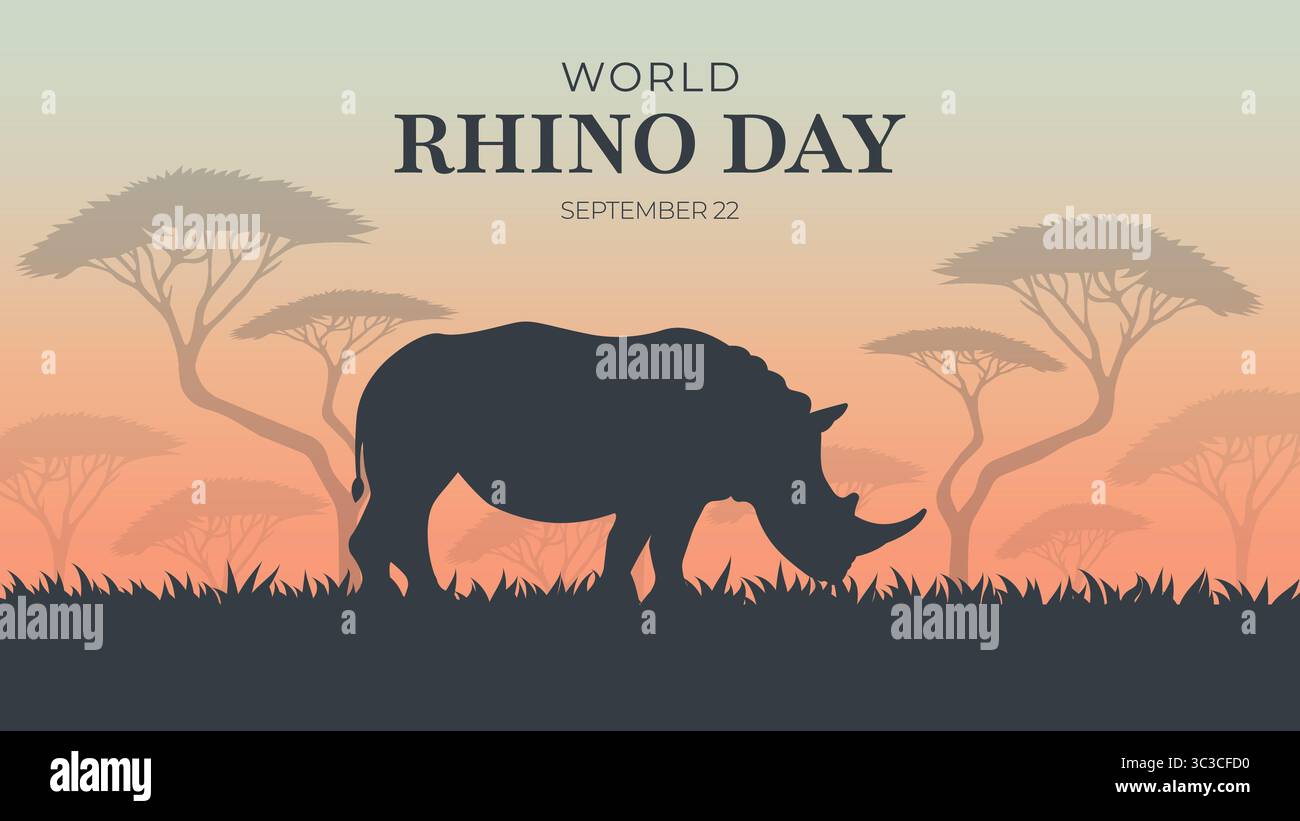 World Rhino Day Poster with Silhouettes in African Savannah Vector ...