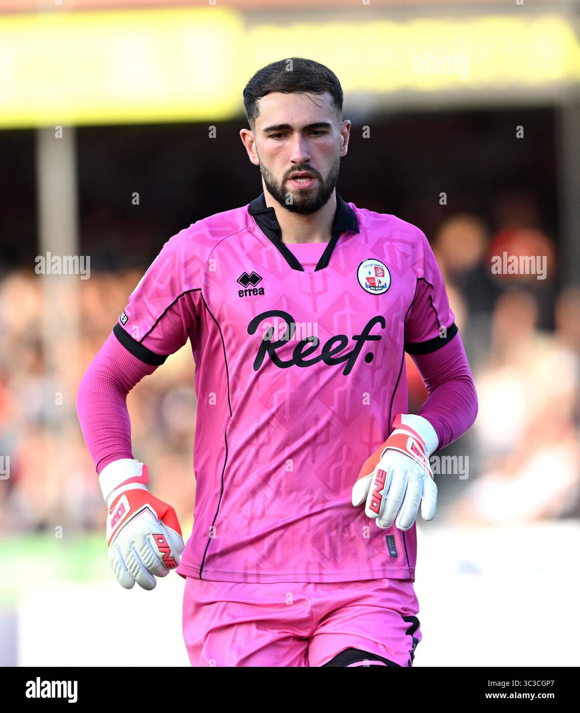 Crawley UK 25th July 2025 - Crawley goalkeeper Harvey Davies during the ...