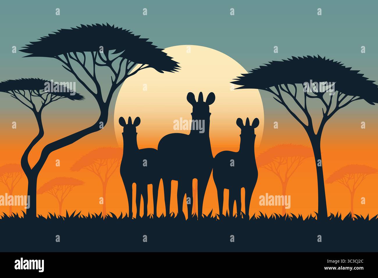 Zebras Silhouette in Savannah Vector Illustration Stock Vector Image ...