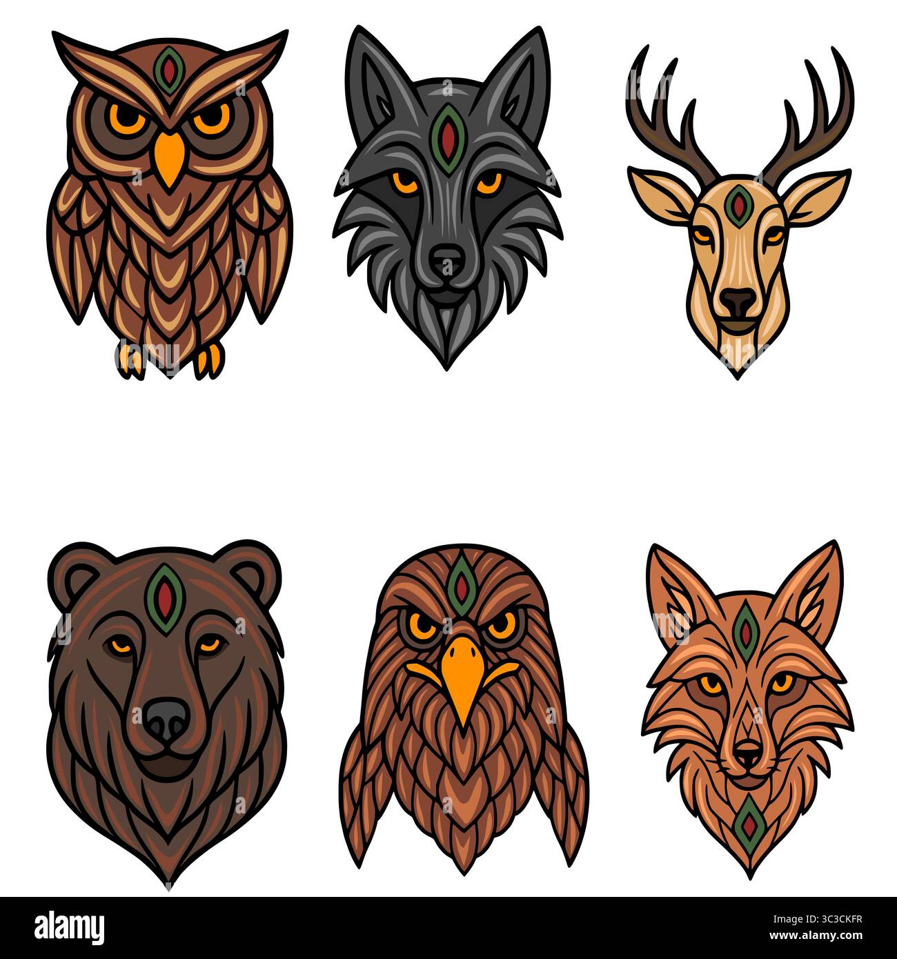 Set of six vector illustrations featuring stylized animal heads: owl ...