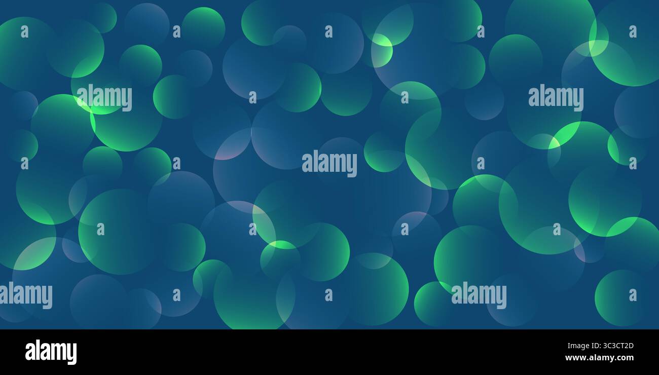 A dark blue abstract background with many overlapping green circles ...