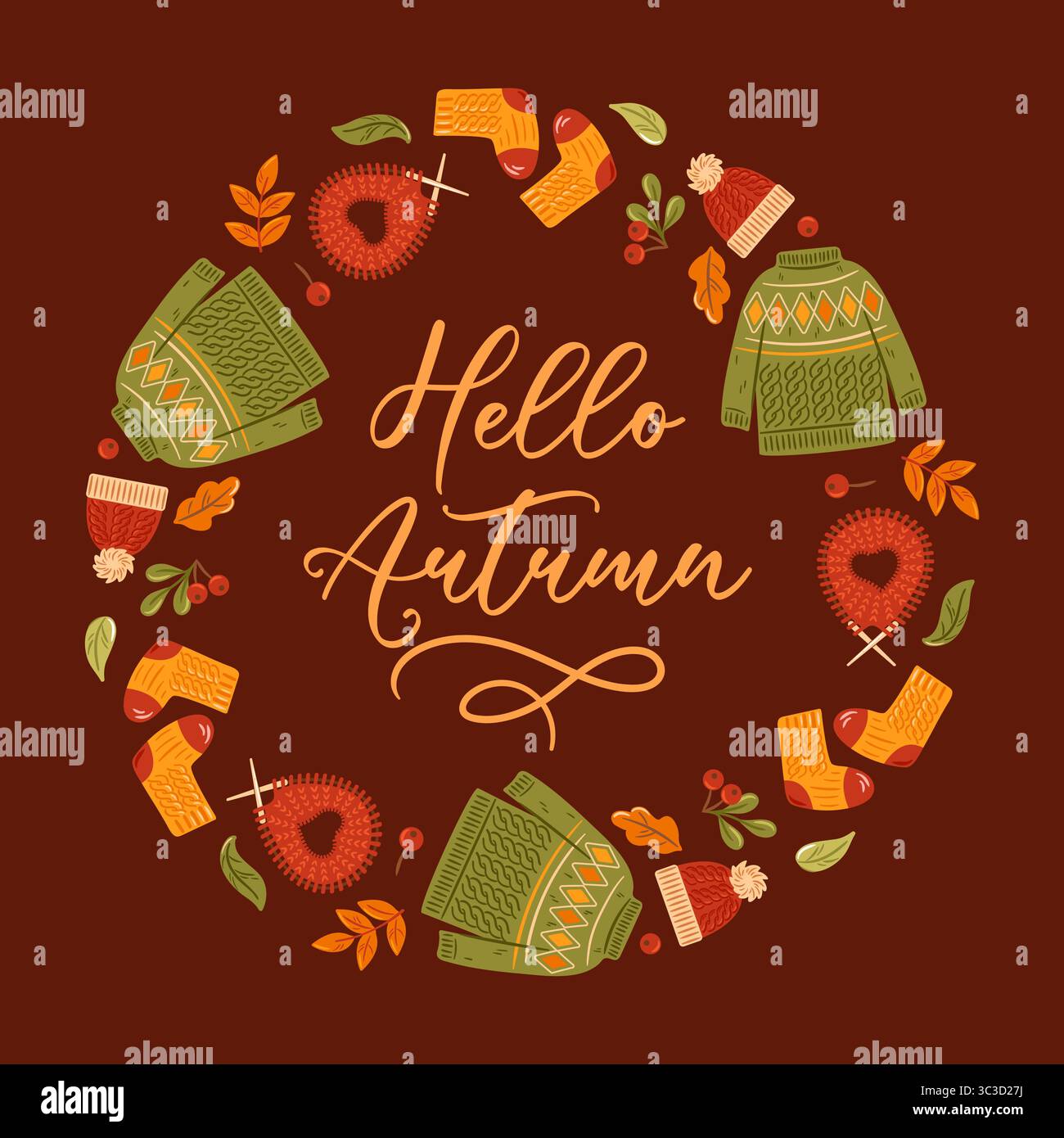 This autumn wreath design showcases colorful leaves and pumpkins ...