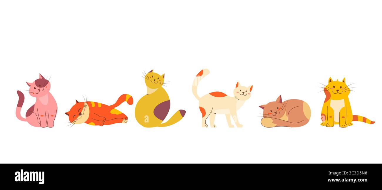 Cats in a row cute set. Funny Pet animals characters in different poses ...